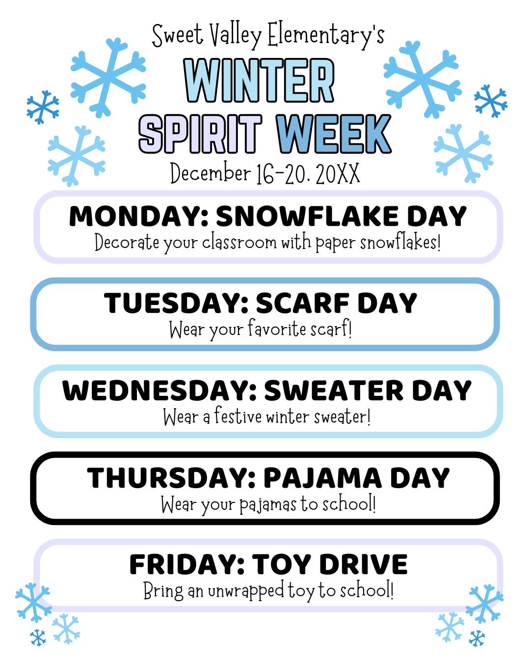 Editable Winter Spirit Week Flyer Template, School Spirit Schedule ...
