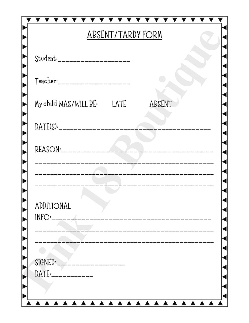 Absent Form Tardy Form for Students - Ready for Parents to Print and ...