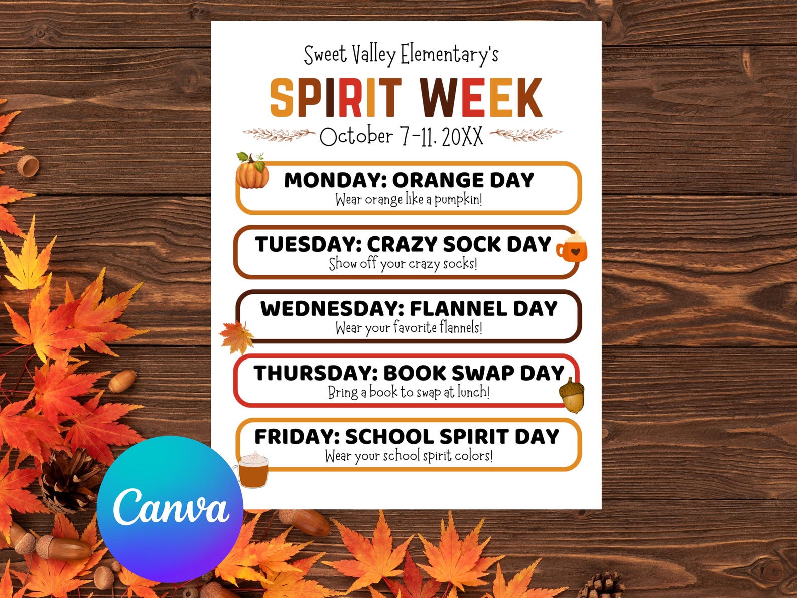 Editable Fall Spirit Week Flyer Template, School Spirit Schedule, Canva ...