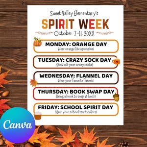 Editable Fall Spirit Week Flyer Template, School Spirit Schedule, Canva ...