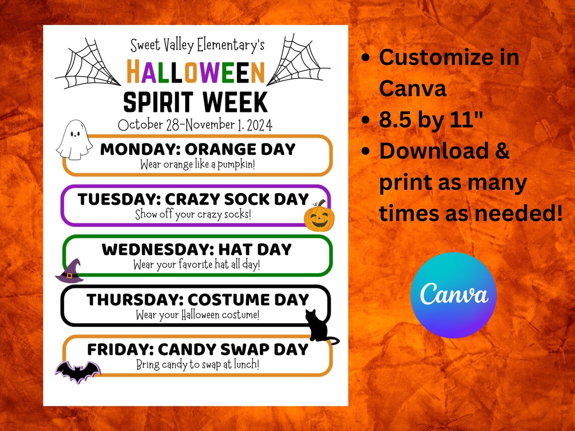 Editable Halloween Spirit Week Flyer Canva Template, School Spirit ...