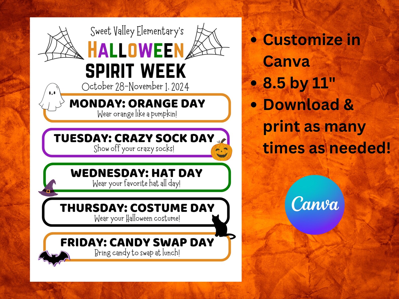 Editable Halloween Spirit Week Flyer Canva Template, School Spirit ...