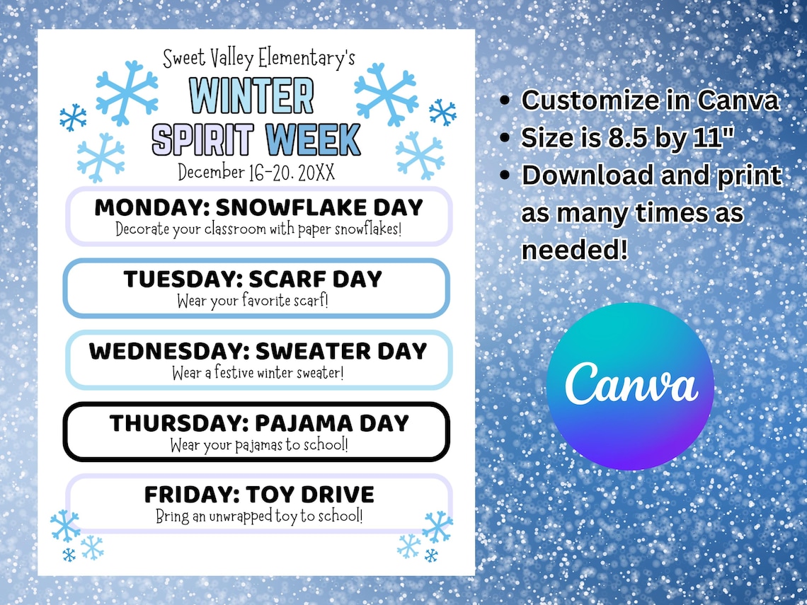Editable Winter Spirit Week Flyer Template, School Spirit Schedule ...
