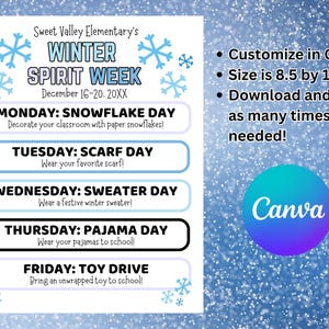 Editable Winter Spirit Week Flyer Template, School Spirit Schedule ...