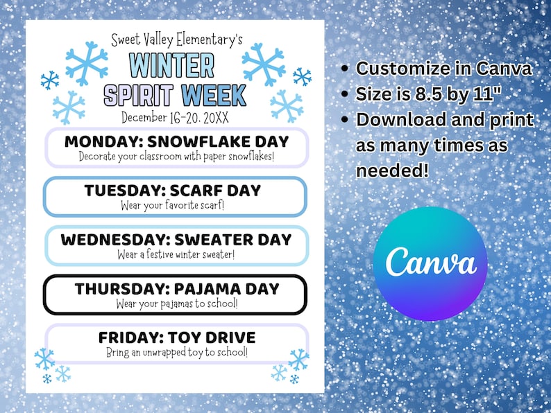 Editable Winter Spirit Week Flyer Template, School Spirit Schedule ...
