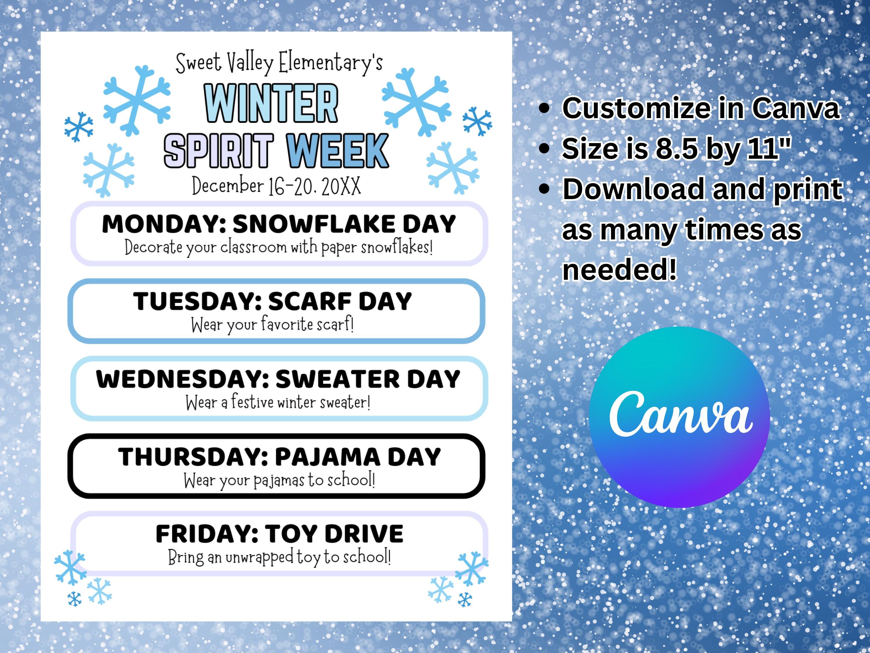 Editable Winter Spirit Week Flyer Template, School Spirit Schedule ...