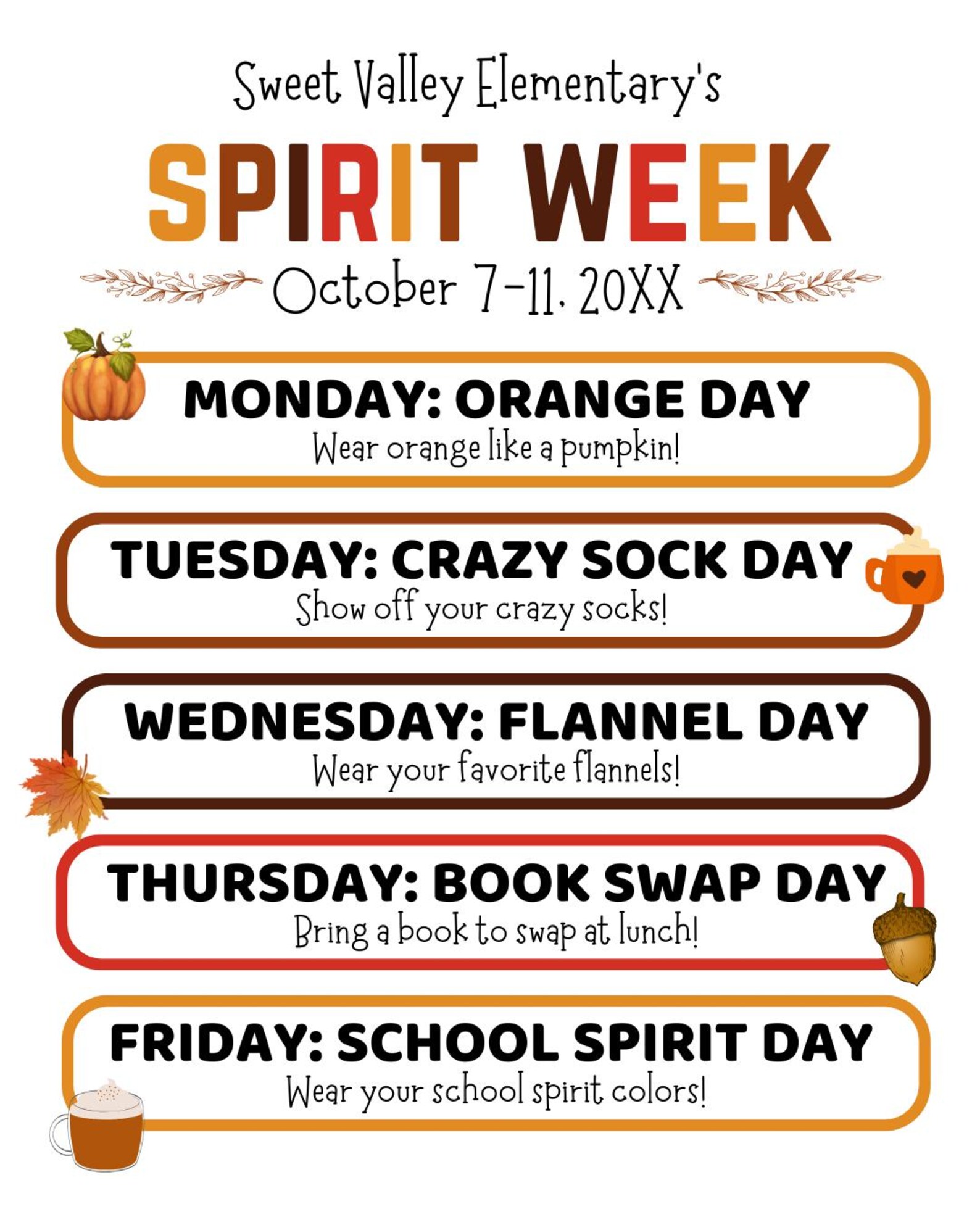 Editable Fall Spirit Week Flyer Template, School Spirit Schedule, Canva ...