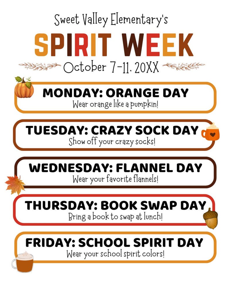 Editable Fall Spirit Week Flyer Template, School Spirit Schedule, Canva ...