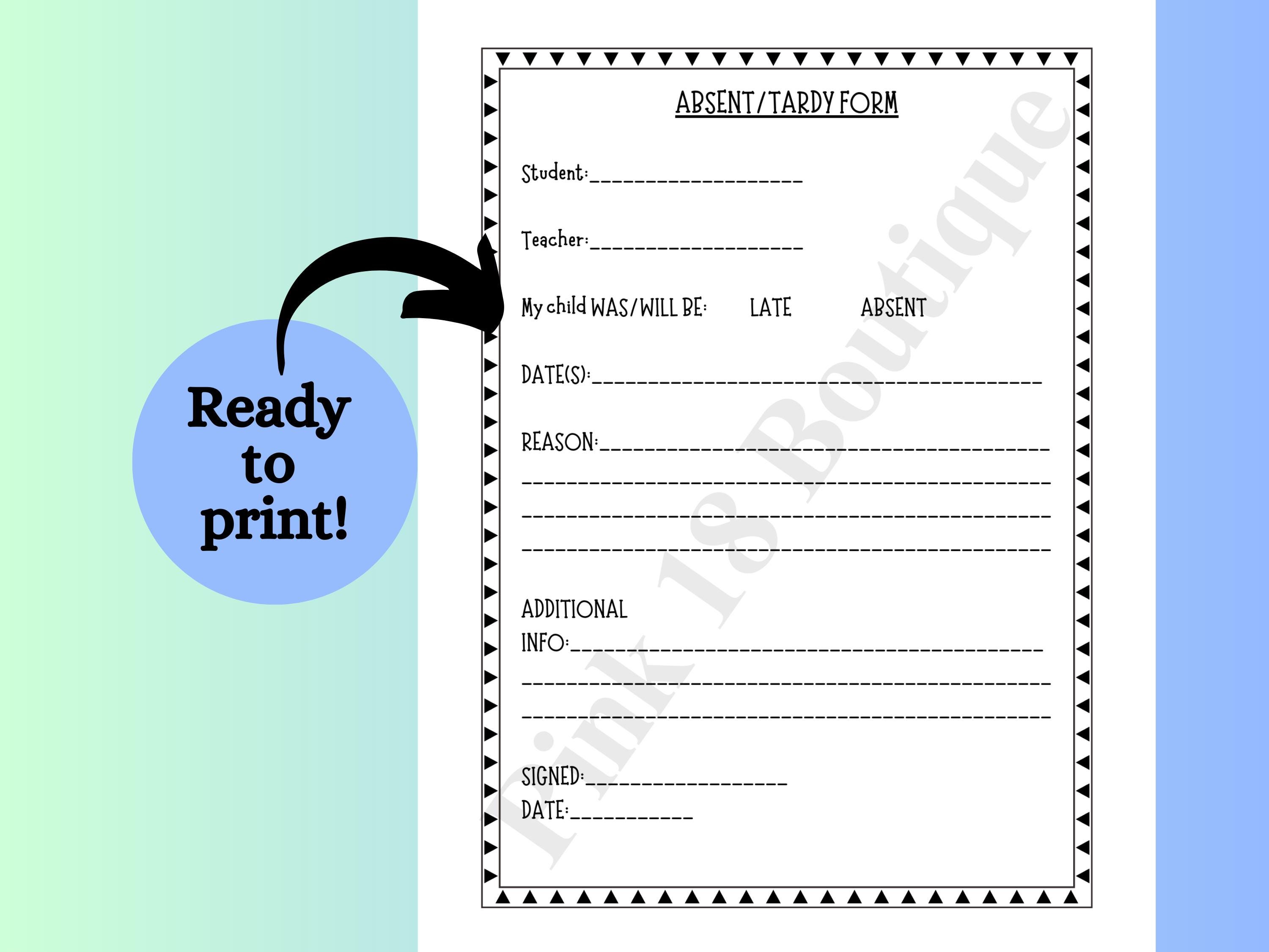 Absent Form Tardy Form for Students Ready for Parents to Print and Fill ...