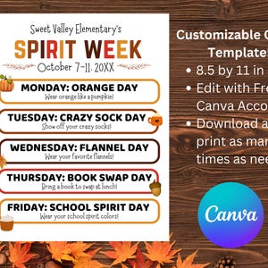 Editable Fall Spirit Week Flyer Template, School Spirit Schedule, Canva ...