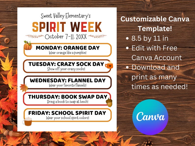 Editable Fall Spirit Week Flyer Template, School Spirit Schedule, Canva ...