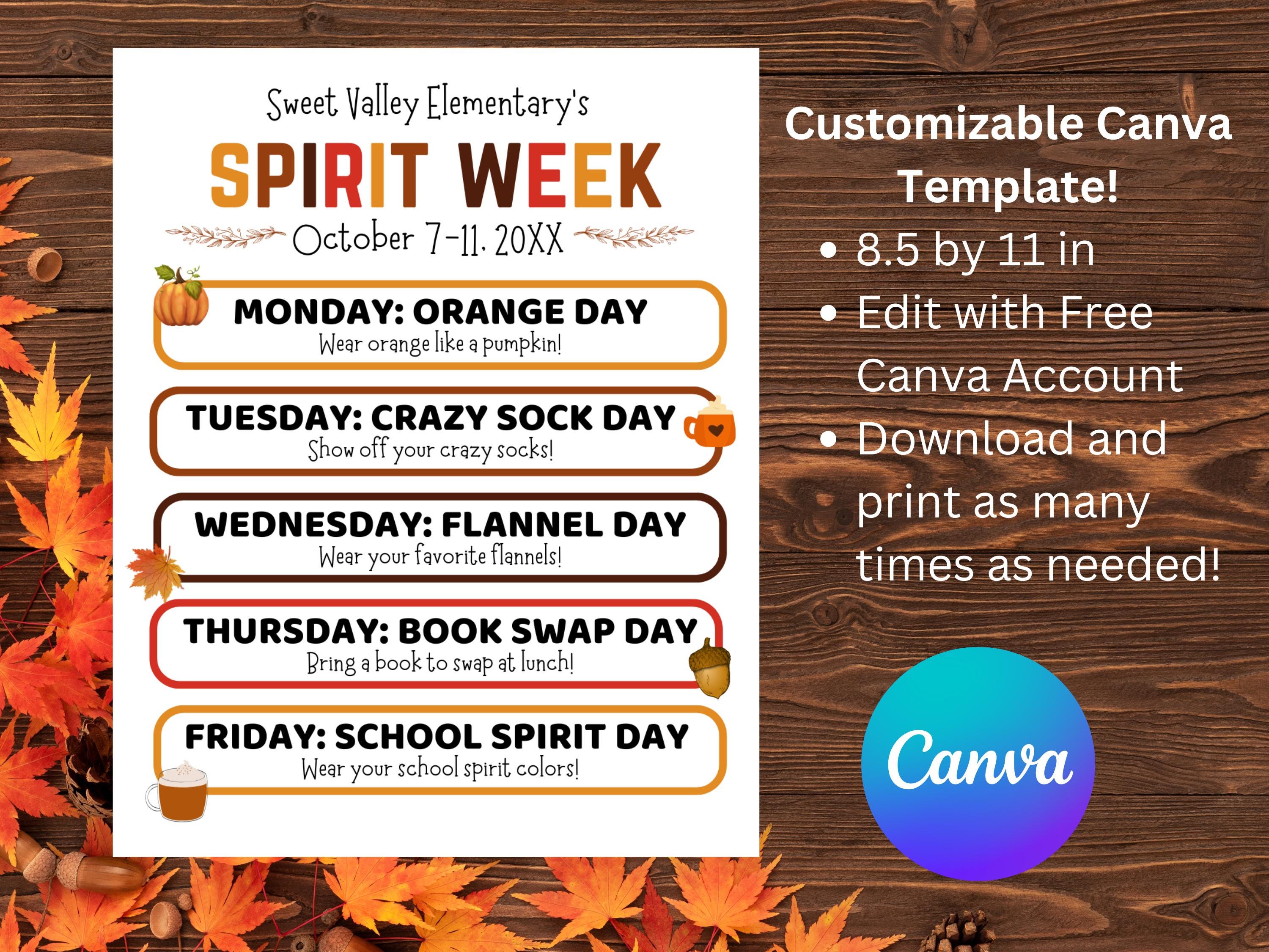 Editable Fall Spirit Week Flyer Template, School Spirit Schedule, Canva ...