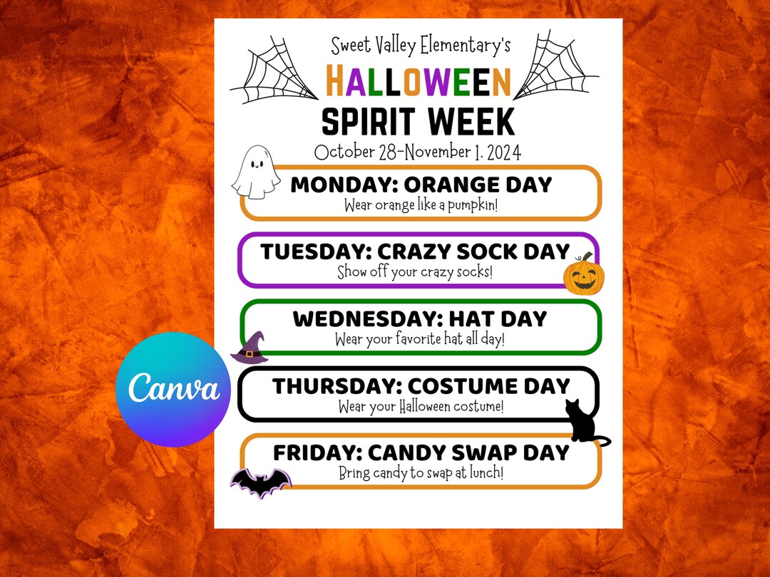 Editable Halloween Spirit Week Flyer Canva Template, School Spirit ...