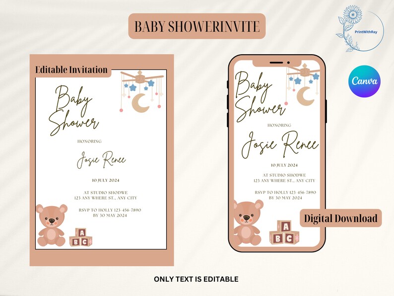 Editable TEDDY BEAR Baby Shower Invitation, Canva Teddy Bear Template ...