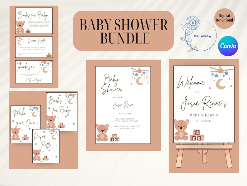 Editable TEDDY BEAR Baby Shower Bundle, Canva Teddy Bear Template. - Etsy