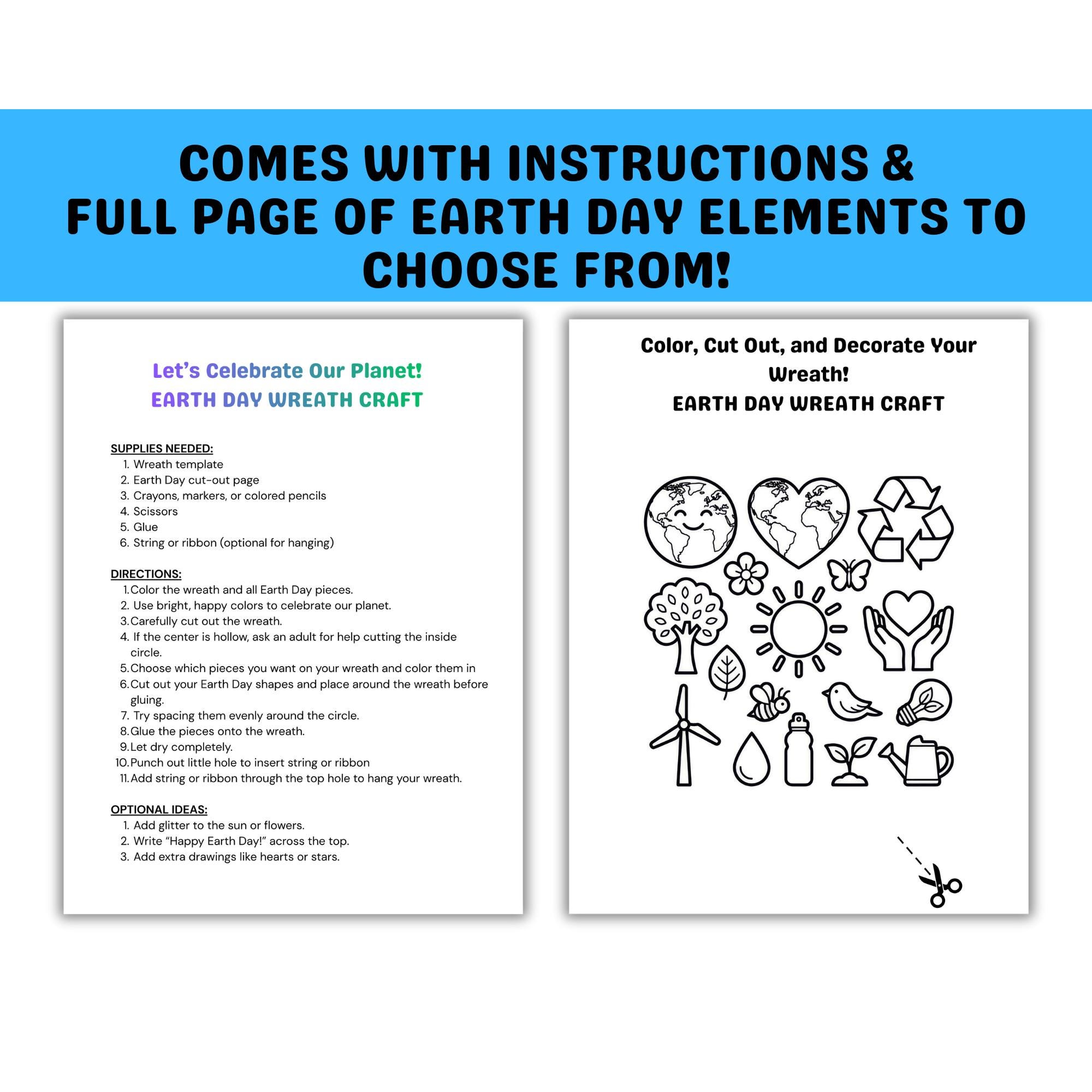 Earth Day DIY Wreath Craft for Kids, Coloring Cut and Paste Activity ...