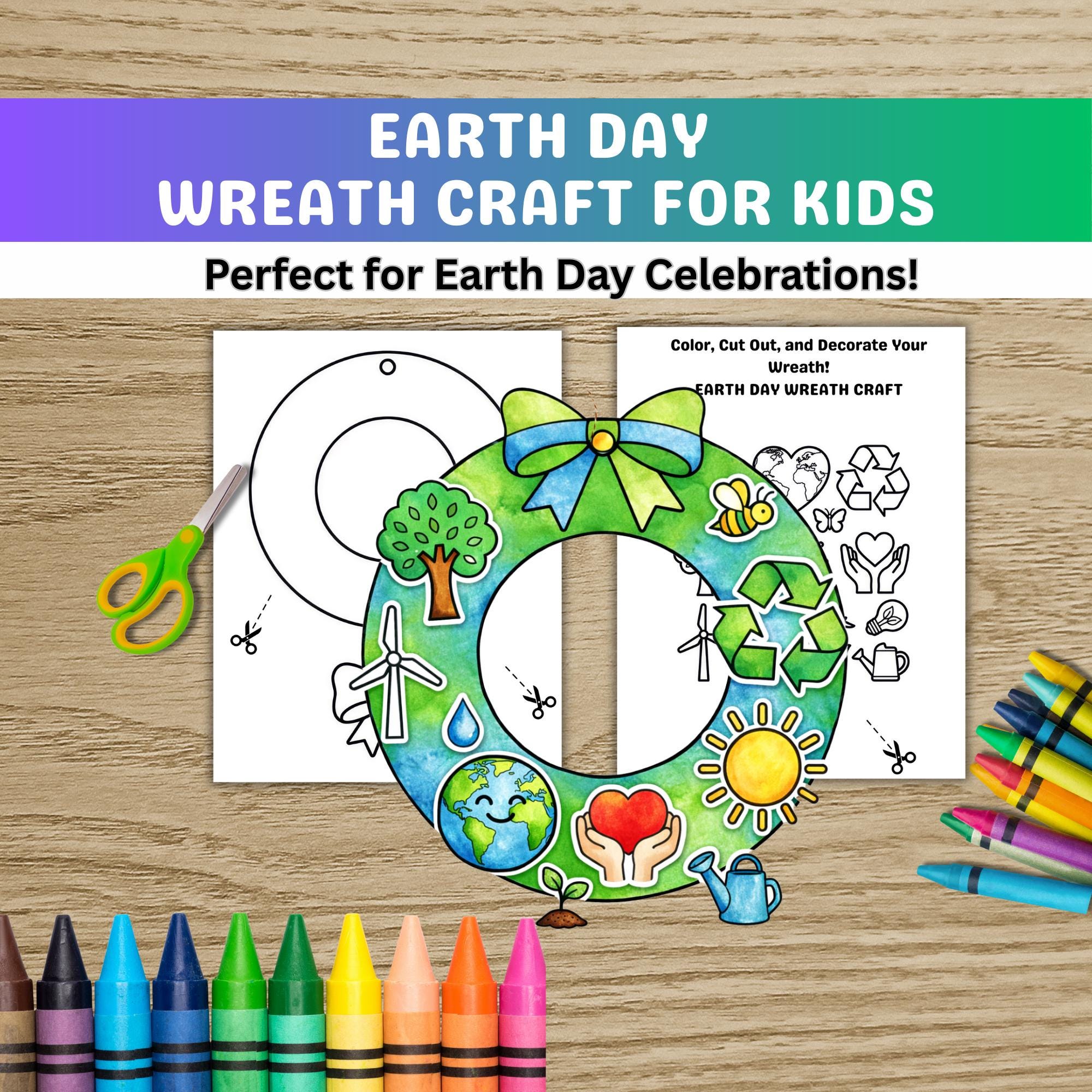 Earth Day DIY Wreath Craft for Kids, Coloring Cut and Paste Activity ...