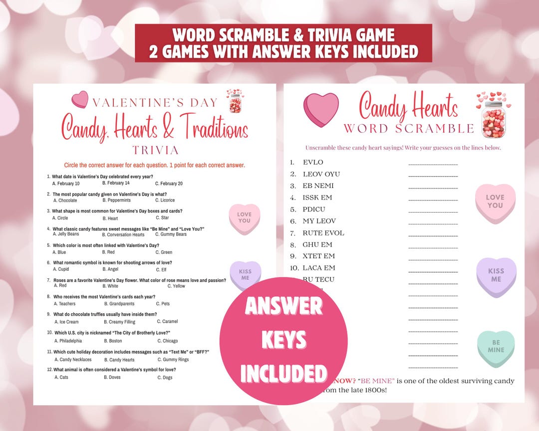 Valentine Word Scramble & Trivia Game | Candy Hearts | 8.5x11, 5x7 ...