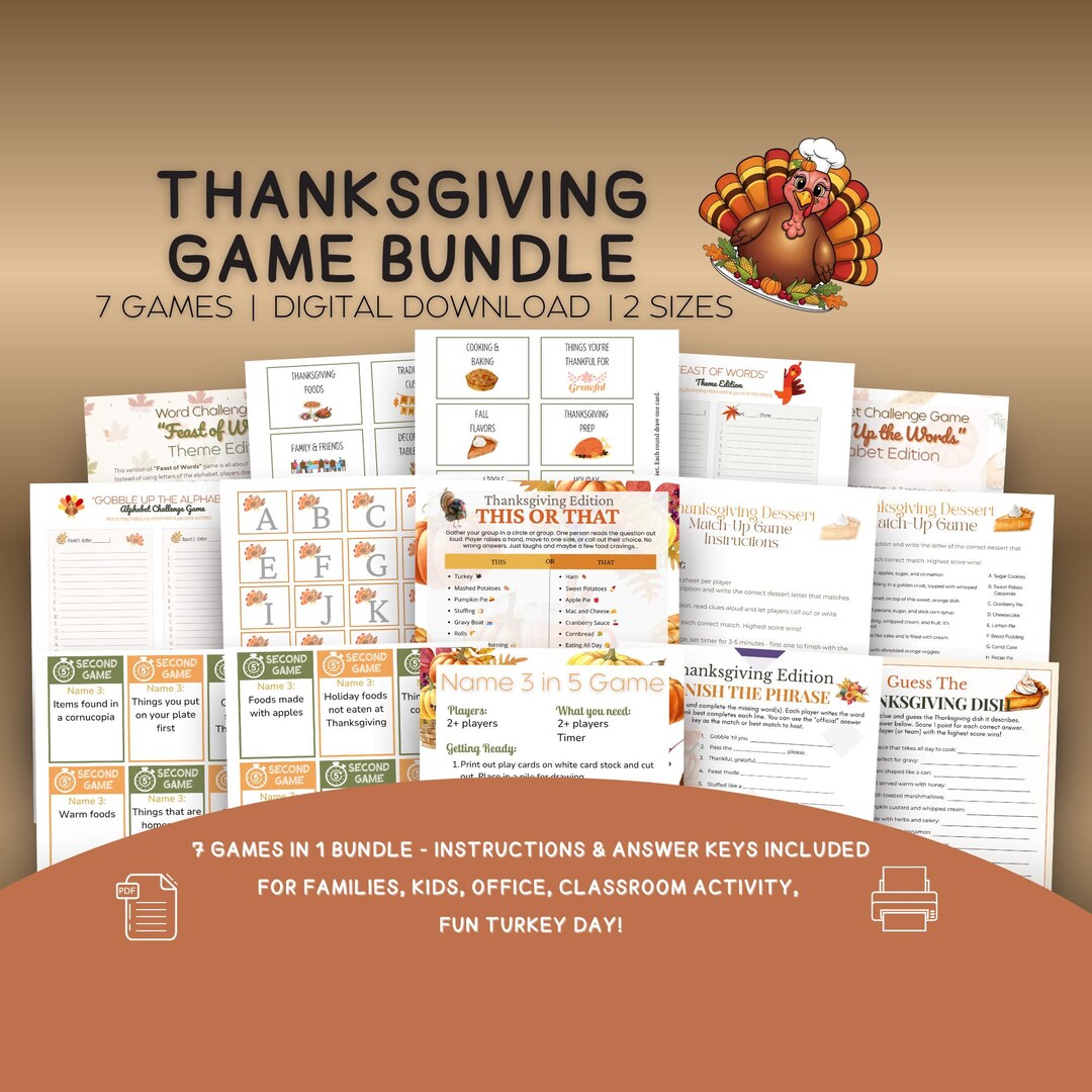 Thanksgiving Game Bundle Printable-7 Thanksgiving Game Pack, Fall Games ...