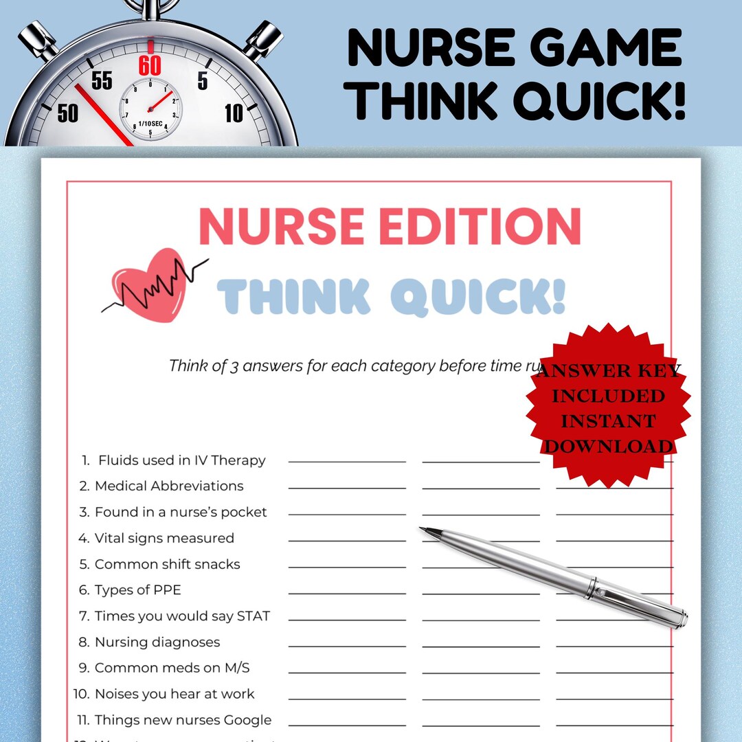 Think Quick Nurse Trivia Game-printable Nurse Party Game, Medical ...