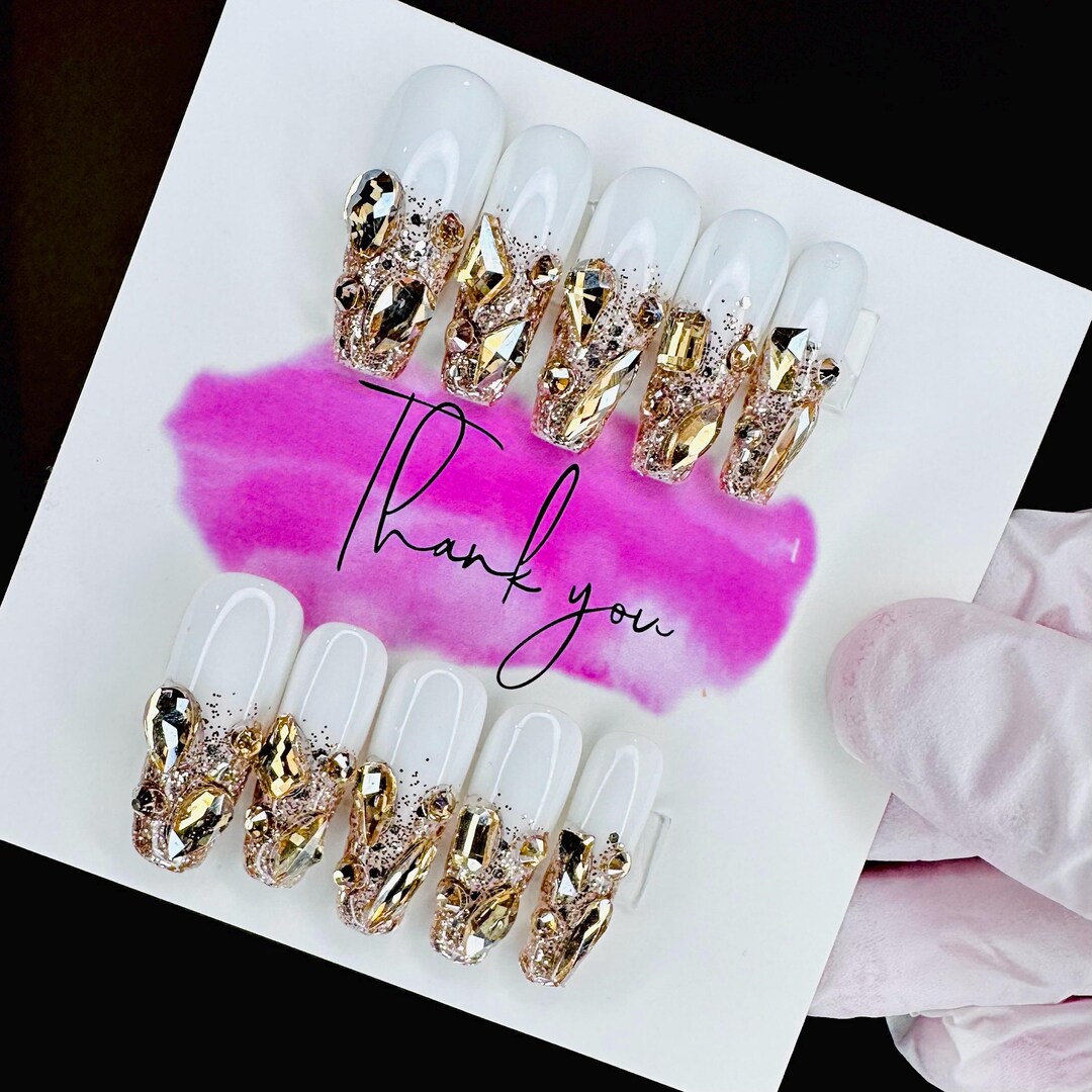 Gold Crystal Press on Nails: Embellished Barbie Rhinestone Nails - Etsy