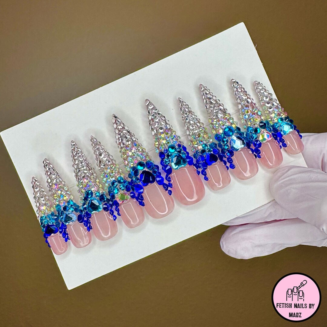 Blue Ombré Crystal Dreams Press on Nails, Embellished Nails, Bling Nail ...