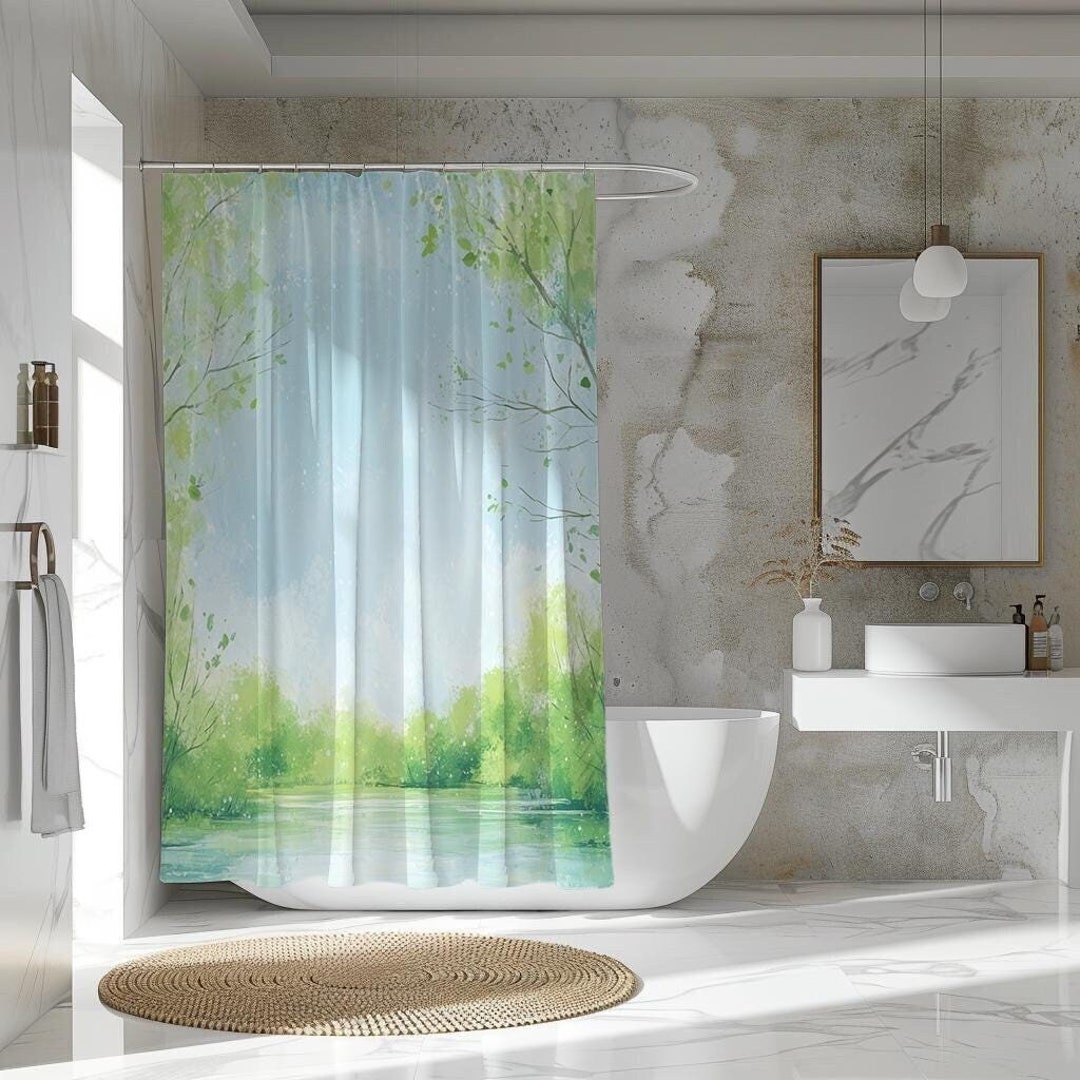 Soft Pastel Lakeside View Shower Curtain, Spring Breeze, Green Trees ...