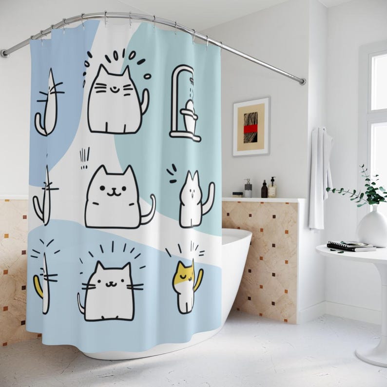 Cartoon Cat Line Drawing Shower Curtain, Cute Kitty, Cat Lover Gifts ...