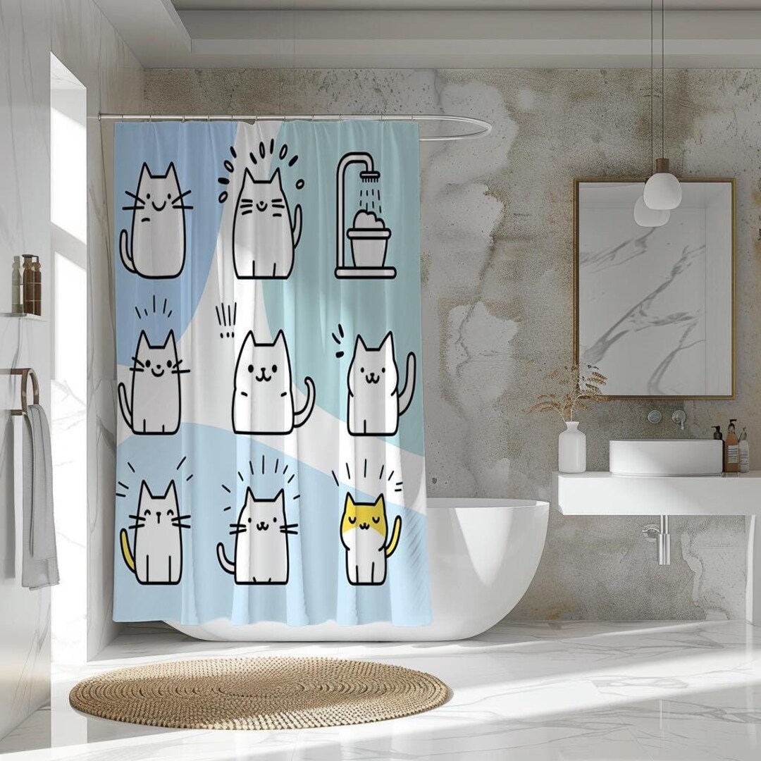 Cartoon Cat Line Drawing Shower Curtain, Cute Kitty, Cat Lover Gifts ...