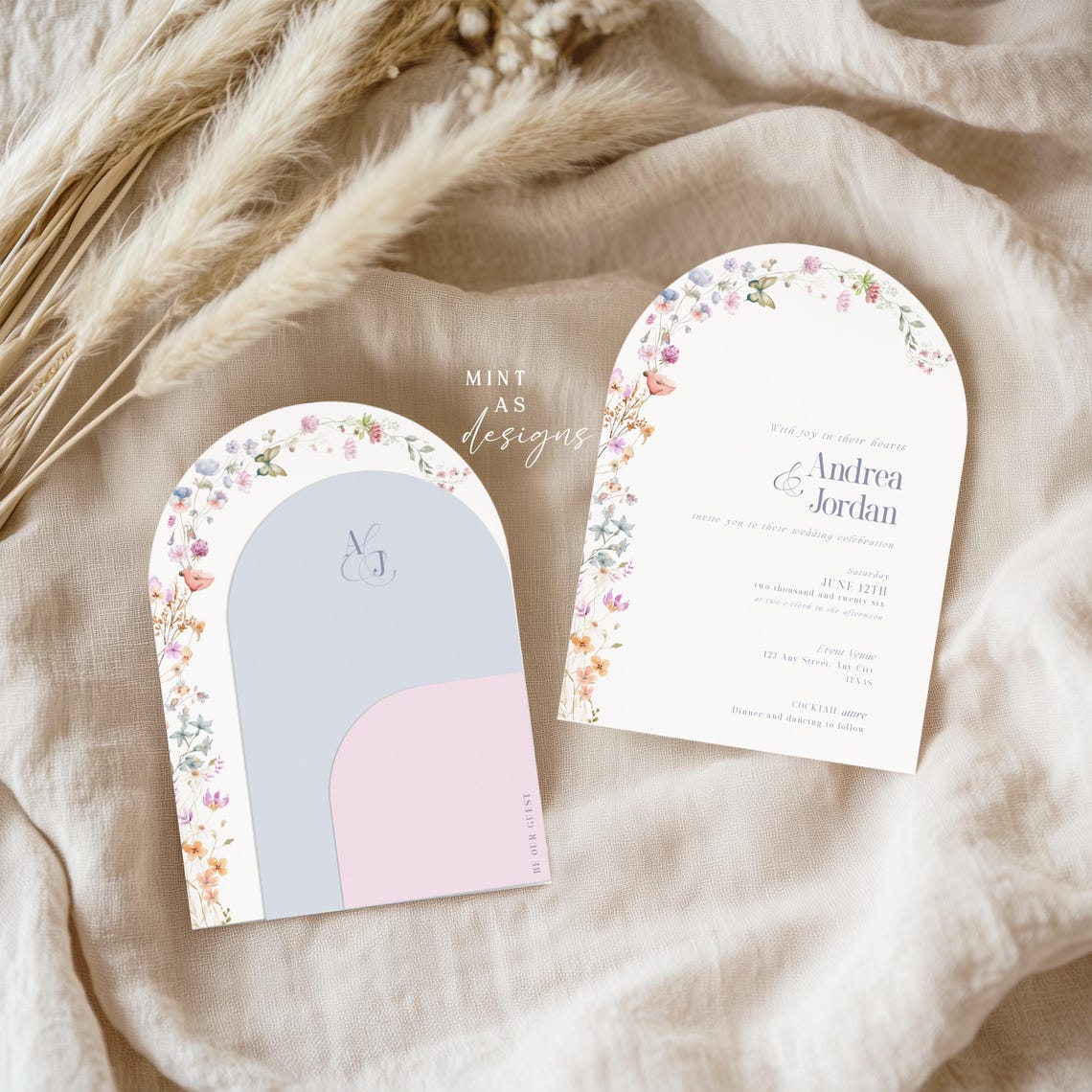 Wildflower Arch Wedding Invitation Template | Modern Stackable Suite ...
