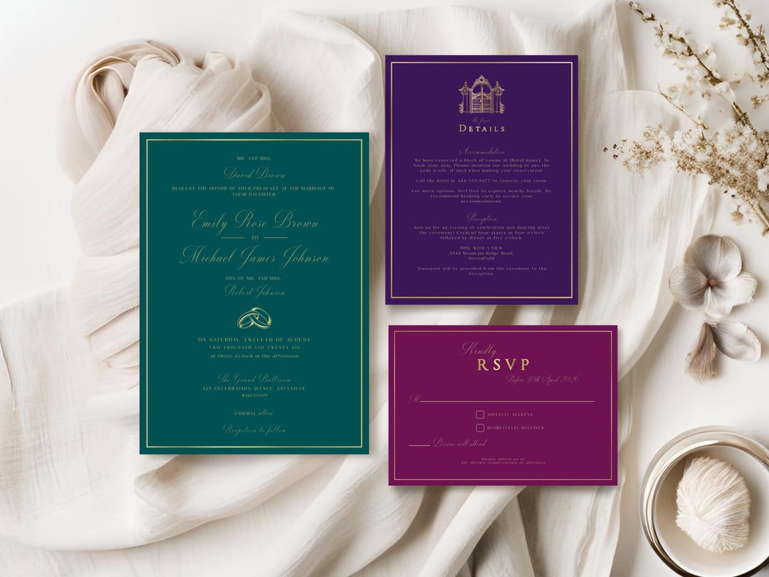 Elegant Jewel Tone Wedding Invitation Suite | Gold Text Template ...