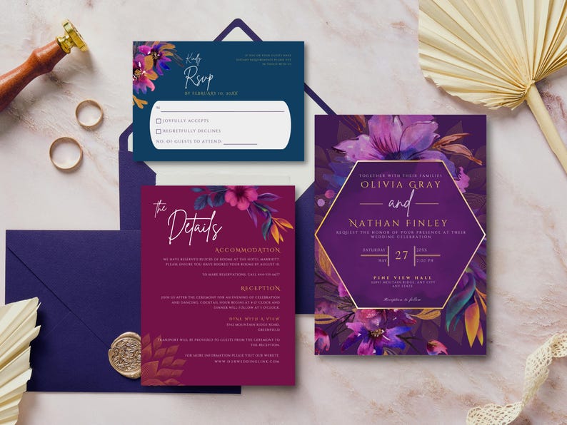 Floral Jewel Tone Wedding Invitation Set | Purple Plum Invitation, Teal ...