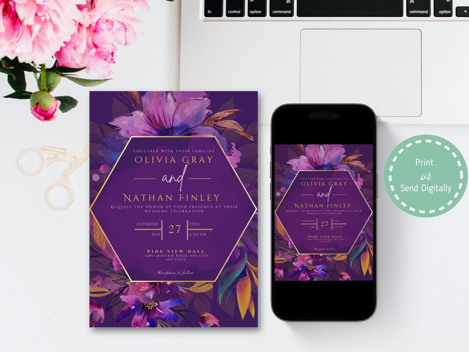 Floral Pink and Plum Purple Wedding Invitation Set | Editable Template ...