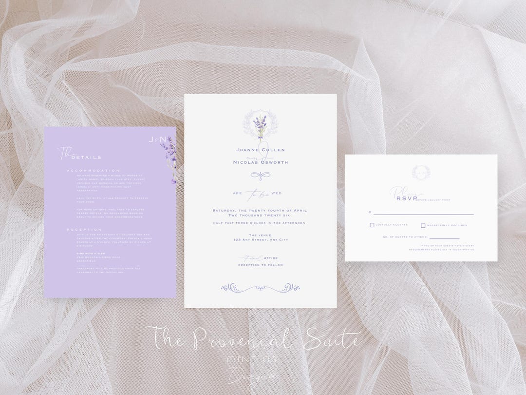 Lavender Wedding Invitation Suite, Floral Shield Design, Elegant ...