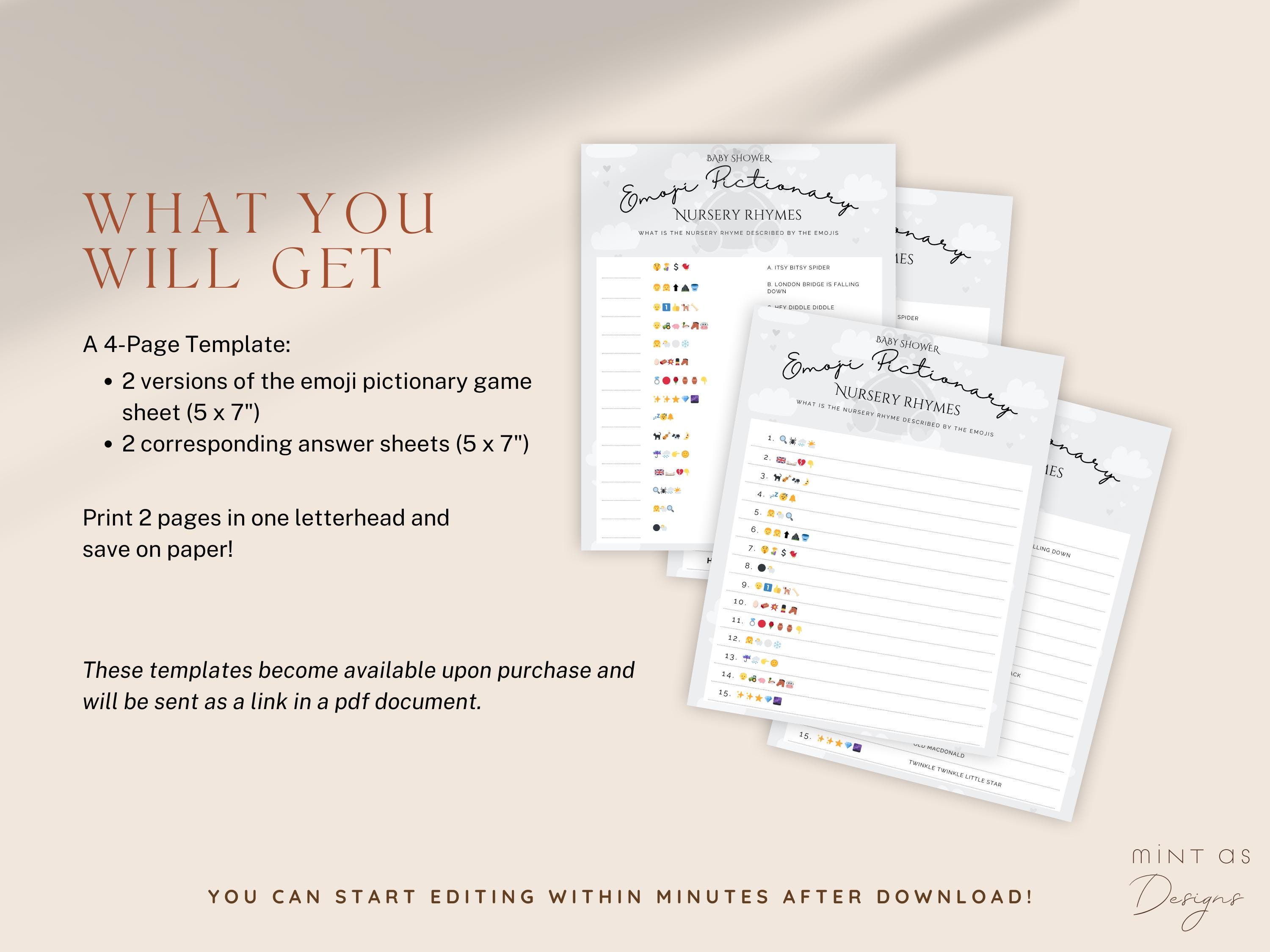 Emoji Pictionary Baby Shower Game Nursery Rhymes | Baby Bear and Cute ...