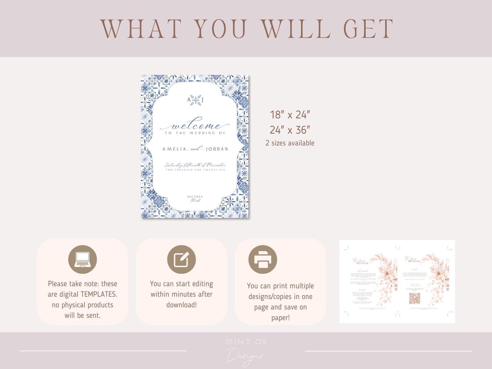 Mediterranean Wedding Welcome Sign, Elegant Blue & White Wedding Decor ...