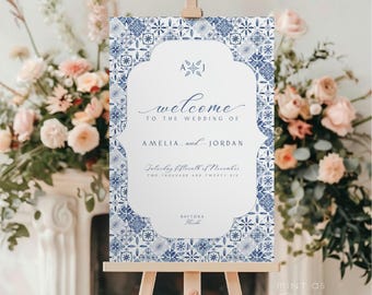 Mediterranean Wedding Welcome Sign, Elegant Blue & White Wedding Decor ...