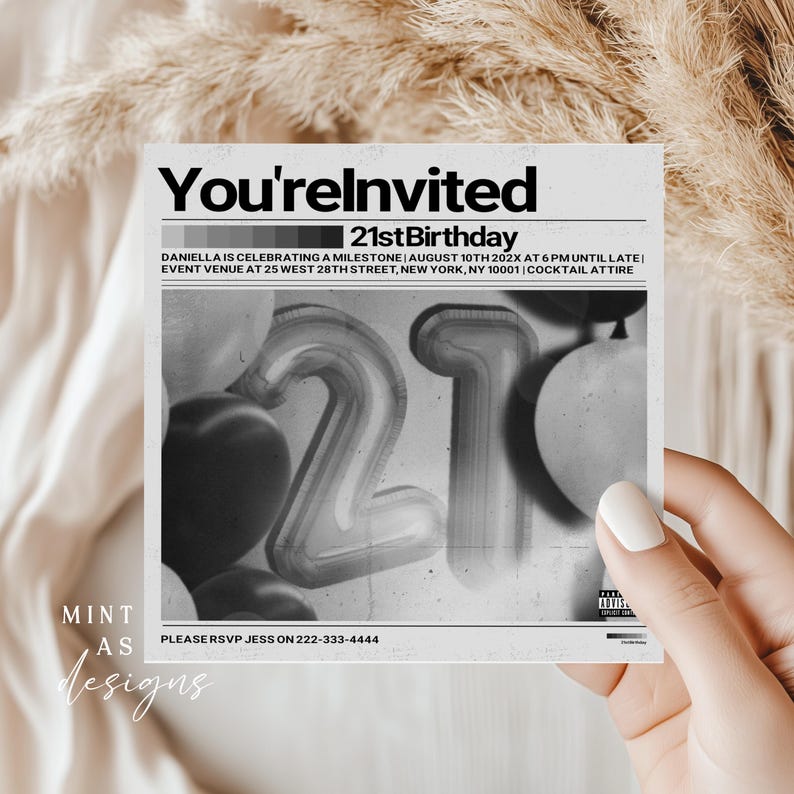 21st Birthday Invitation Template | Moody Black and White Balloon Party ...