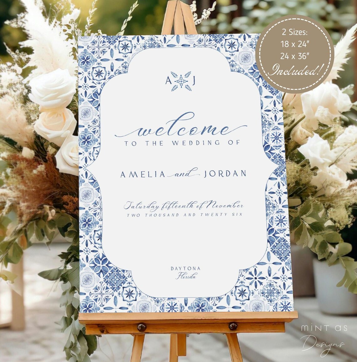 Mediterranean Wedding Welcome Sign, Elegant Blue & White Wedding Decor ...