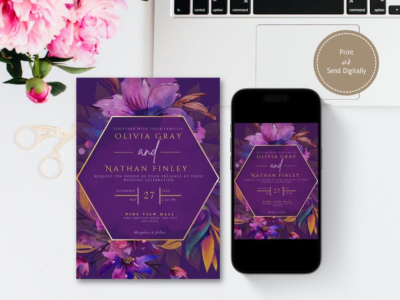 Floral Jewel Tone Wedding Invitation Set | Purple Plum Invitation, Teal ...