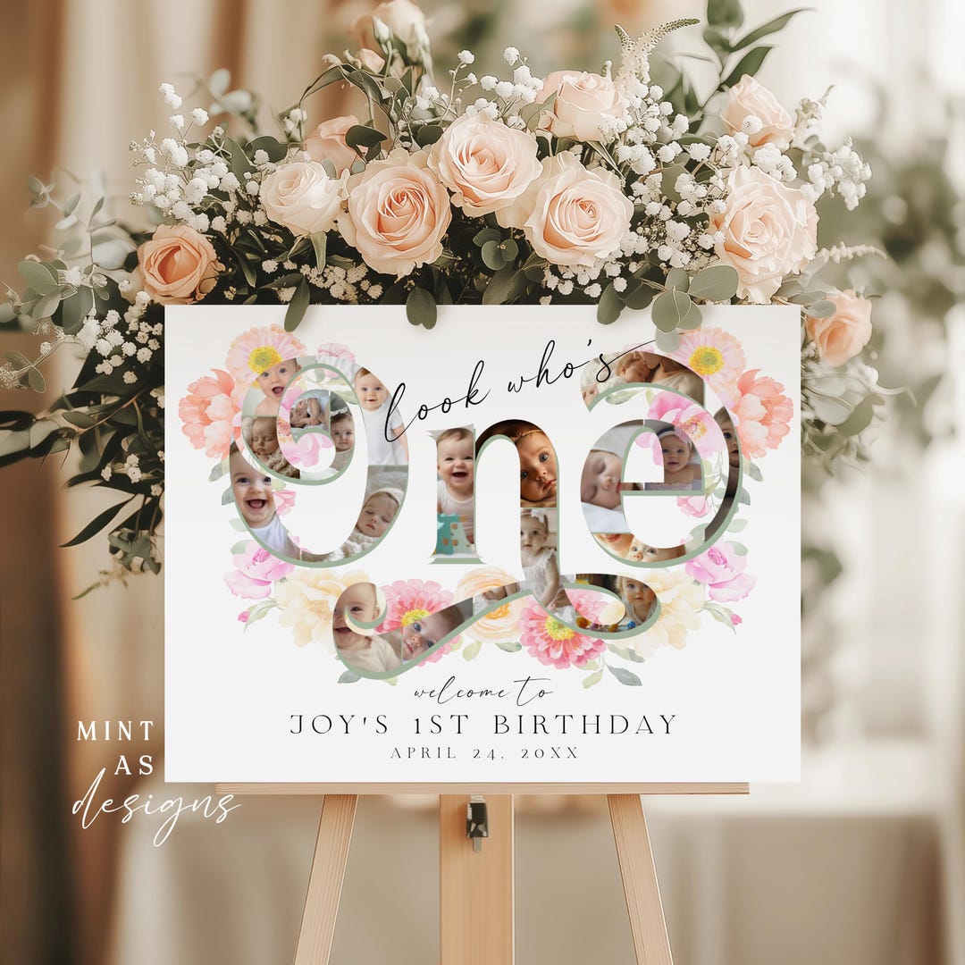 Floral 1st Birthday Photo Sign Printable | Pastel Look Who’s One Poster ...