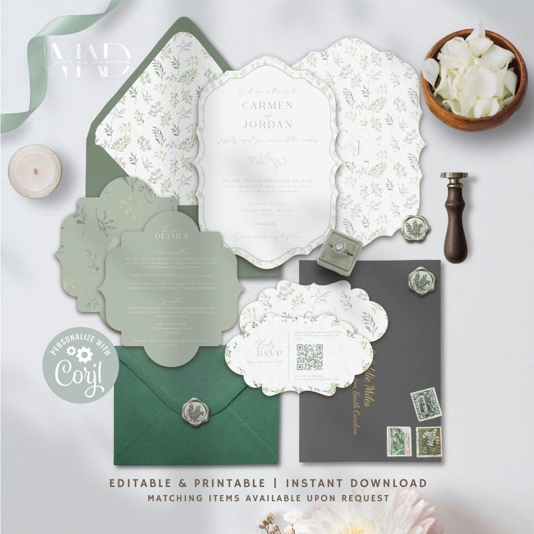 Green Leaves Wedding Invitation Template | Foliage Printable Cricut ...