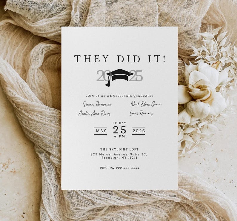 Editable Multi-person Graduation Invitation | Black White Minimal Evite ...