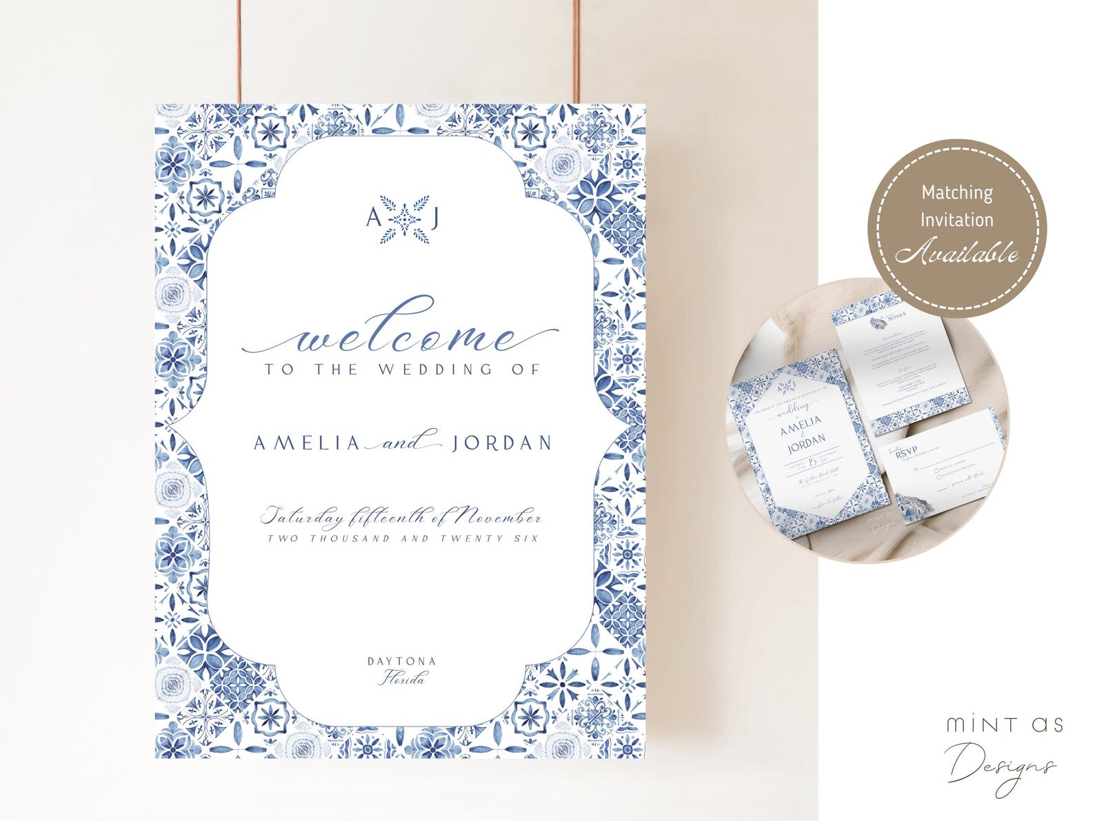Mediterranean Wedding Welcome Sign, Elegant Blue & White Wedding Decor ...