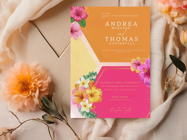 Tropical Sunset Wedding Invitation Suite – Vibrant Floral Wedding ...