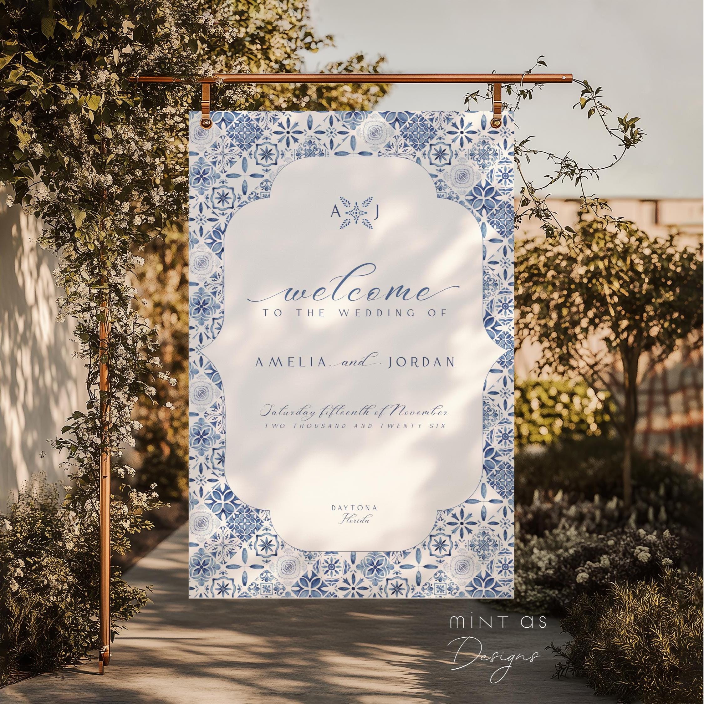 Mediterranean Wedding Welcome Sign, Elegant Blue & White Wedding Decor ...