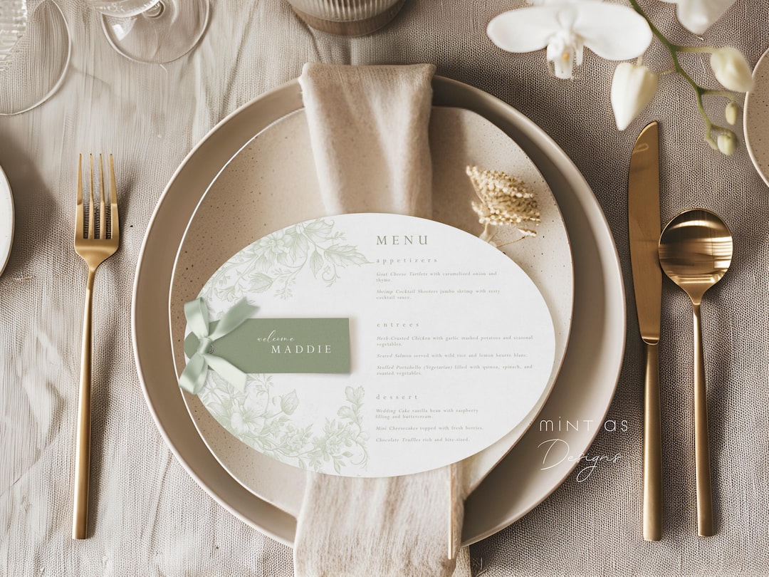 Olive Green Wedding Menu & Place Card | Oval Toile Template | Editable ...