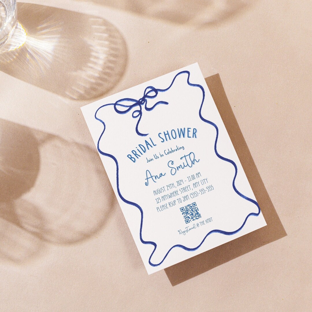 Classic Bow Border Navy Blue Ribbon Aesthetic Bridal Shower Invitation ...