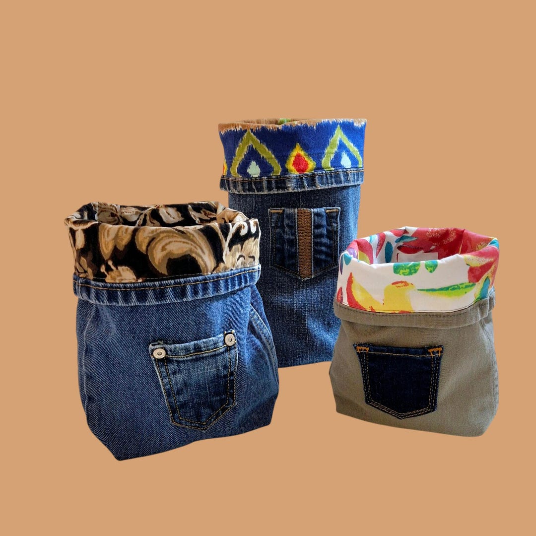 Set of 3 Fabric Storage Baskets Sacks Containers Bags Bins Recycled ...