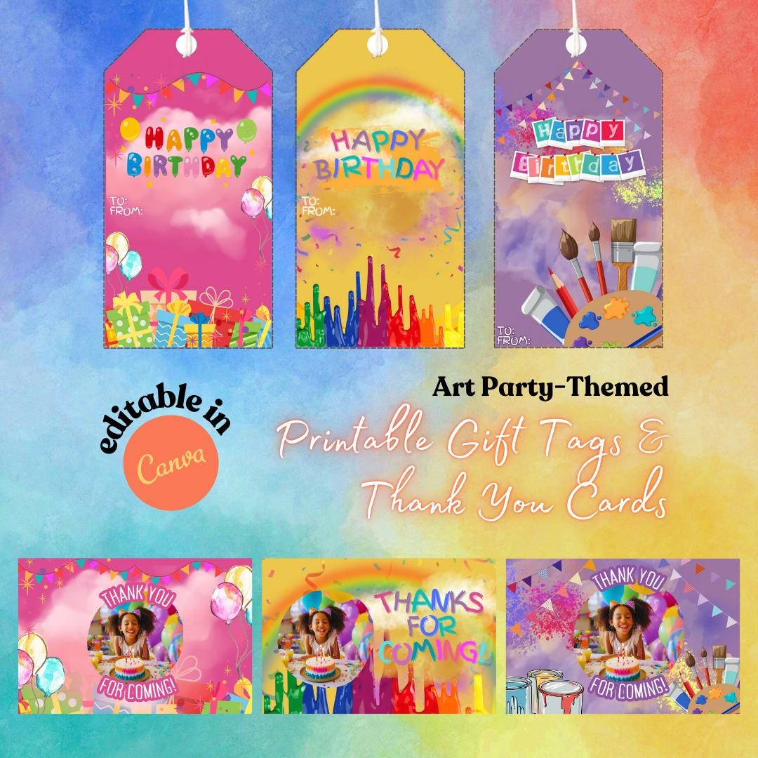 Art Themed Birthday Gift Tags, Artsy Thank You Cards, Printable Canva ...